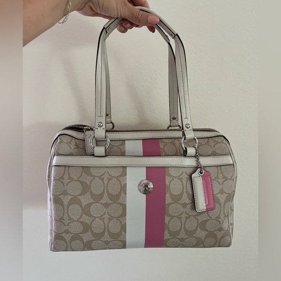 Coach | Bags | Coach Heritage Striped Satchel Purse Pink And Cream ...